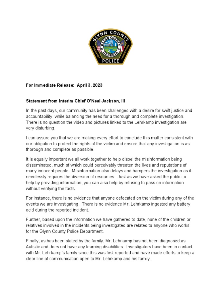 Glynn County Police April 3 Statement | PDF | Politics | Social Science