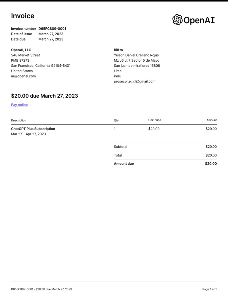 Invoice: $20.00 Due March 27, 2023 | PDF