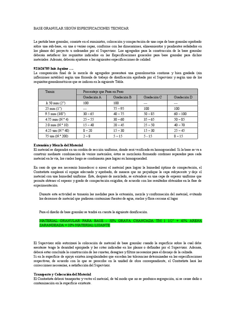 BASE GRANULAR SEGÚN ESPECIFICACIONES TECNICAS (Recuperado Automáticamente) | PDF