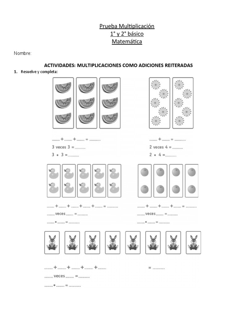 Prueba Multiplicación 1° y 2° Básico | PDF | Matemáticas