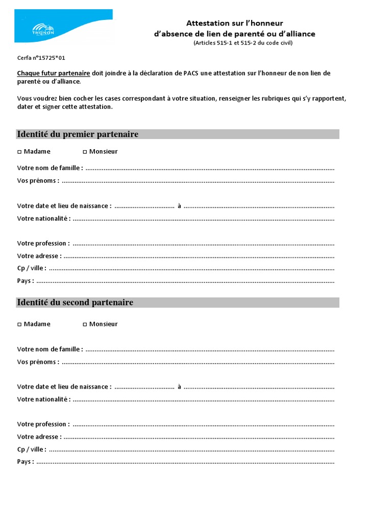 Formulaire D Attestation Sur L Honneur D Absence de Lien de Parente Ou ...