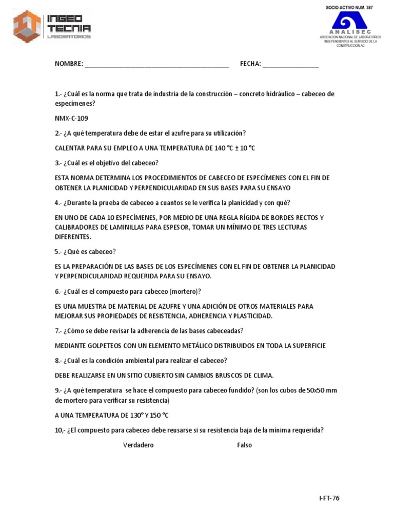 Cabeceo de Especímenes en Concreto | PDF | Hormigón | Química