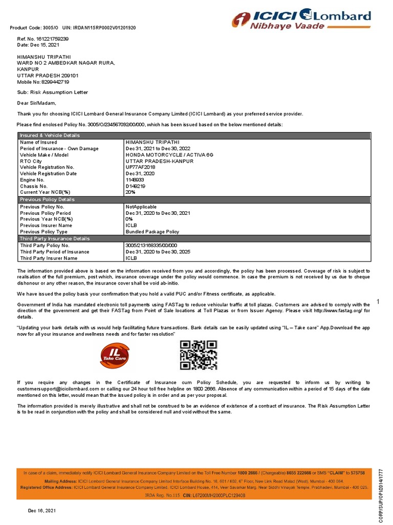 Sub: Risk Assumption Letter: Insured & Vehicle Details | PDF ...