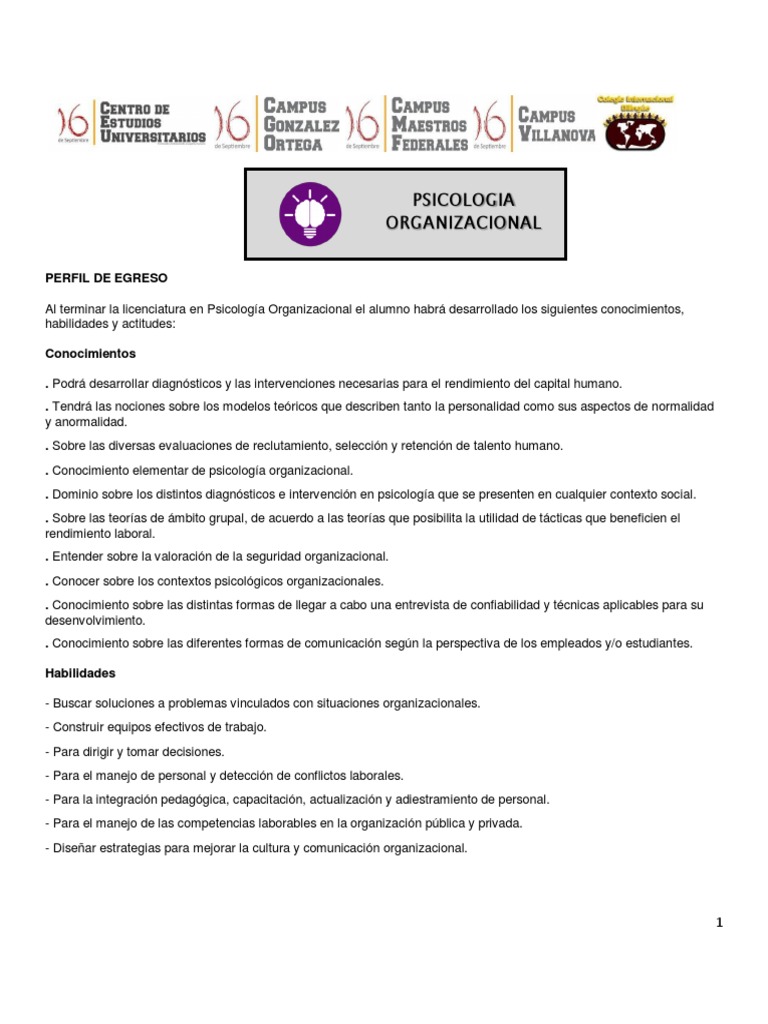 Perfil de egreso de la licenciatura en Psicología Organizacional | PDF | Psicología industrial y ...