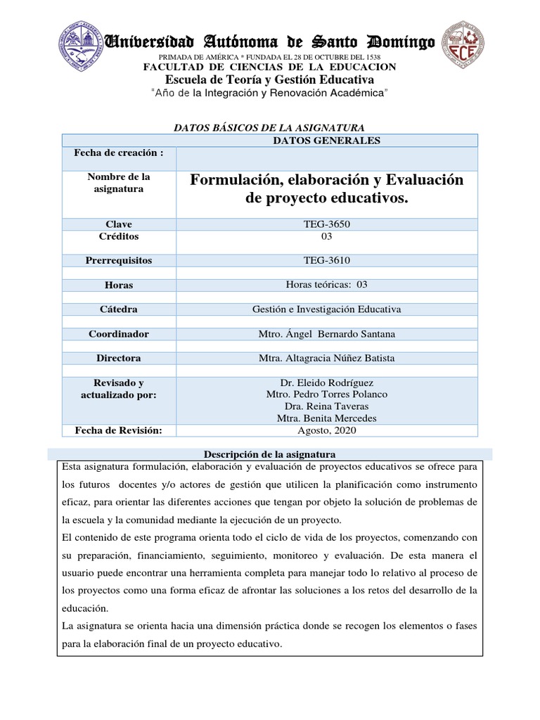 Teg-365 Formulación, Elaboración y Evaluación de Proyecto Educativos. | PDF