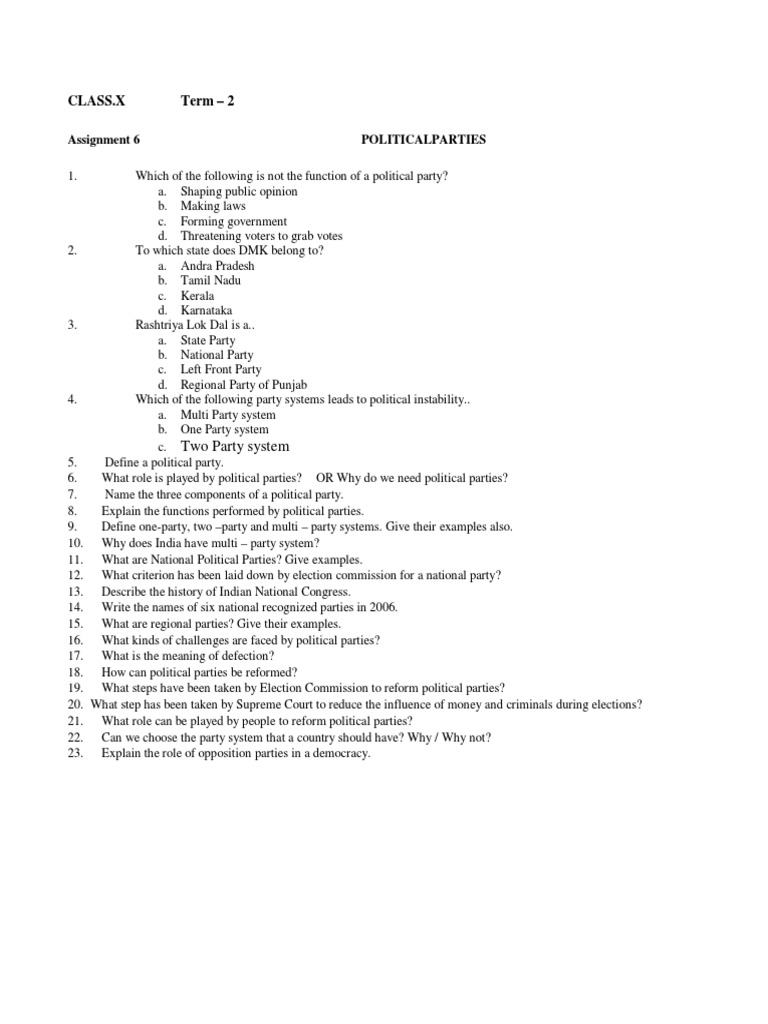 CBSE Class 10 Political Science Worksheet | PDF