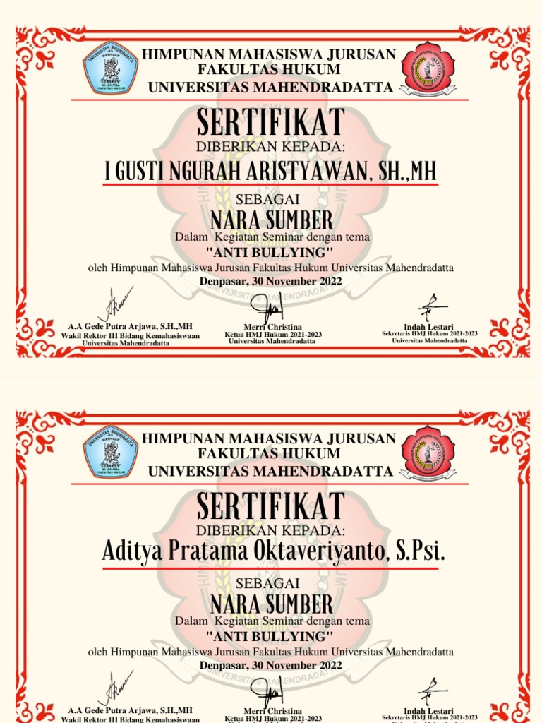 Sertifikat Seminar Anti Bullying 2022 | PDF