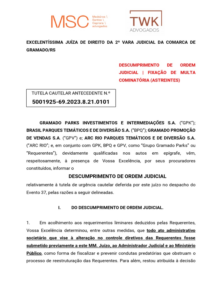 Descumprimento DE Ordem Judicial - Fixação de Multa Cominatória ...