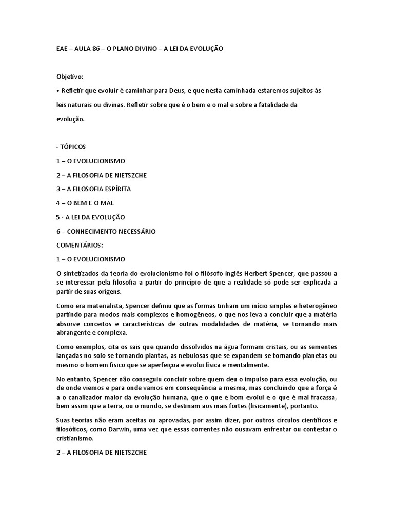 Eae Aula 86 O Plano Divino A Lei De Evolução Pdf Espiritismo Deus