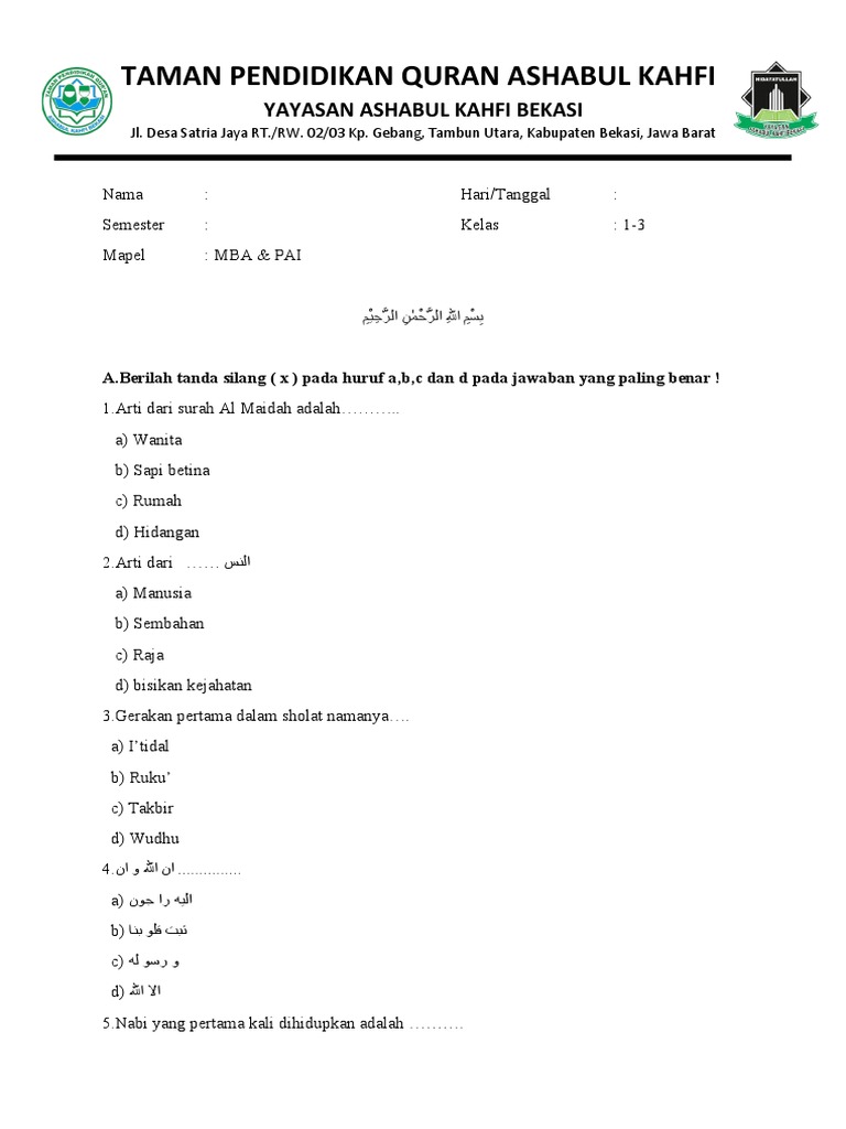 Soal TPQ Kls 1 | PDF