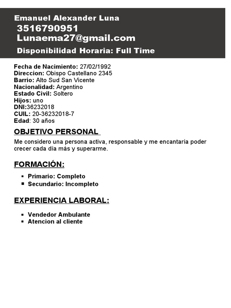 Emanuel Alexander Luna: Objetivo Personal | PDF