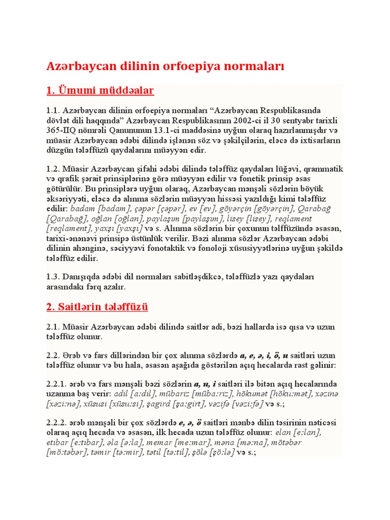 Azərbaycan Dilinin Orfoepiya Normaları | PDF