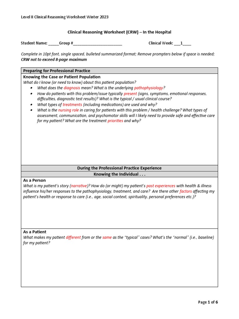Level II Nursing Clinical Reasoning Worksheet | PDF | Patient | Nursing