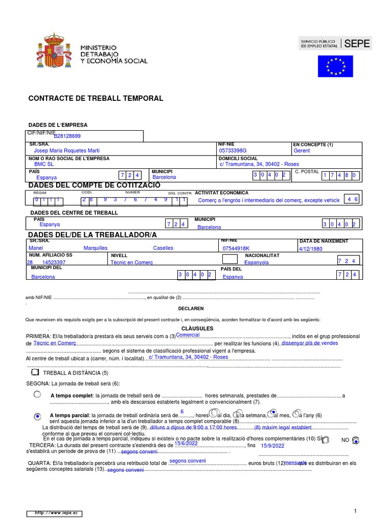 Contracte de Treball Temporal: Règim Codi. Prov. Númer O Díg. Contr | PDF