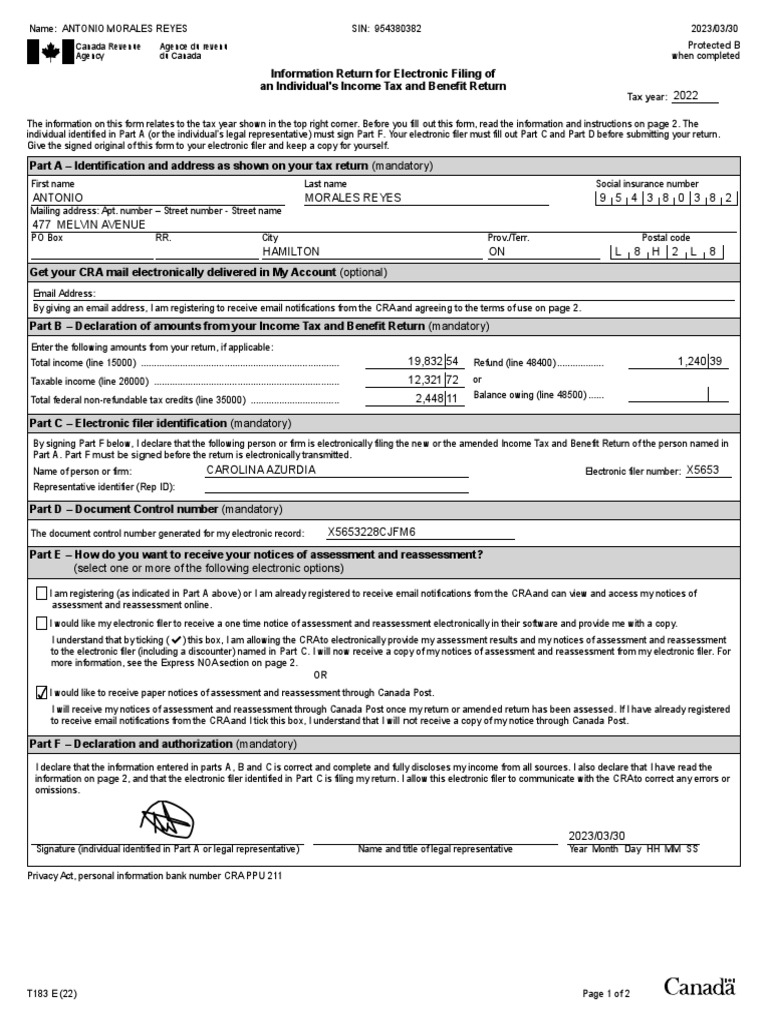 T183 Form Submission for 2022 Tax Year | PDF | Taxes | Government Finances
