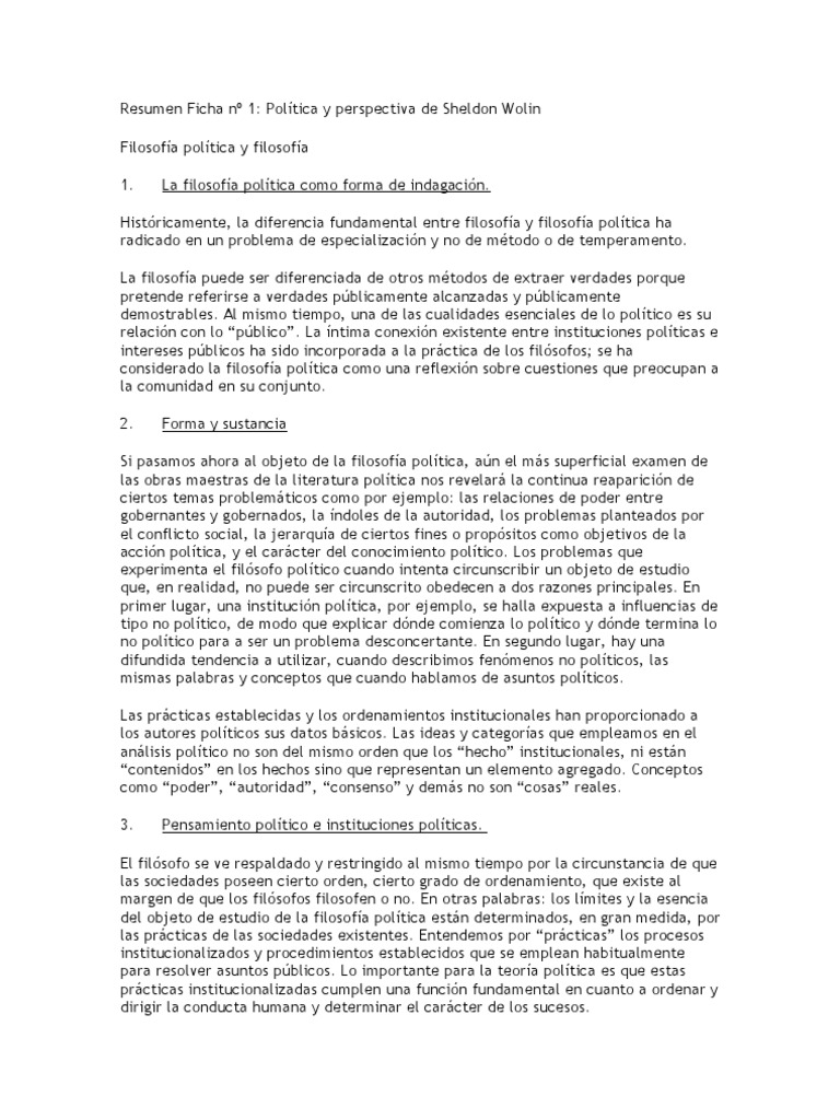 Resumen Ficha Nº 1 Política y Perspectiva de Sheldon Wolin | PDF ...