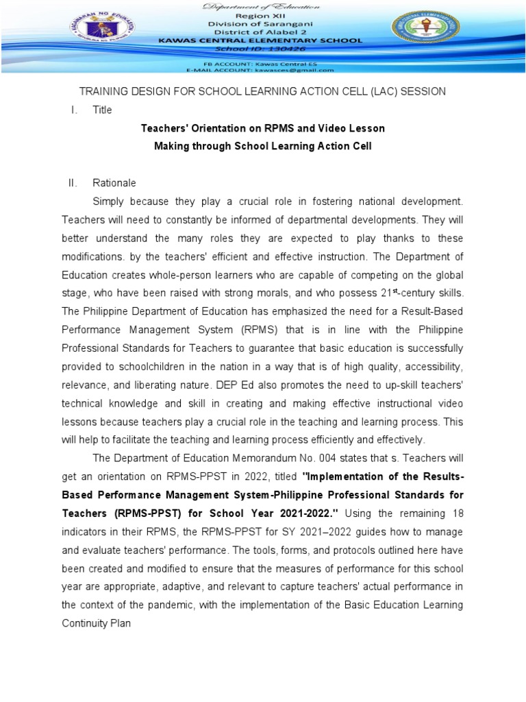 TRAINING DESIGN FOR SCHOOL LEARNING ACTION CELL | PDF | Teachers | Learning