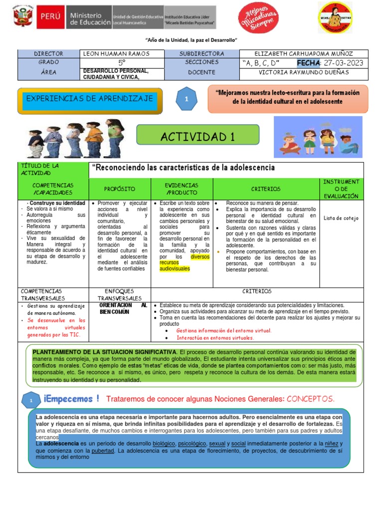 Experiencia de Aprendizaje Actvidad 0 1 - DPCC-2023 | PDF | Temperamento | Adolescencia