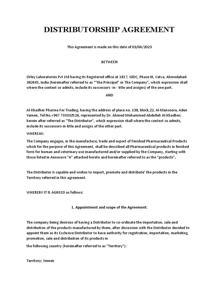 Distributorship Agreement: 1. Appointment and Scope of The Agreement ...