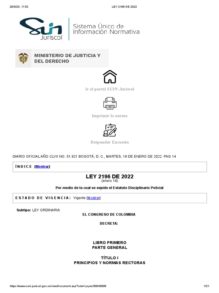 LEY 2196 DE 2022 Estatuto Disciplinario Policial | PDF | Disciplinas ...