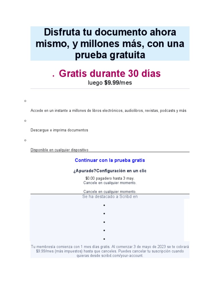 Oferta de prueba gratuita de 30 días de Scribd con acceso ilimitado a libros, revistas y ...