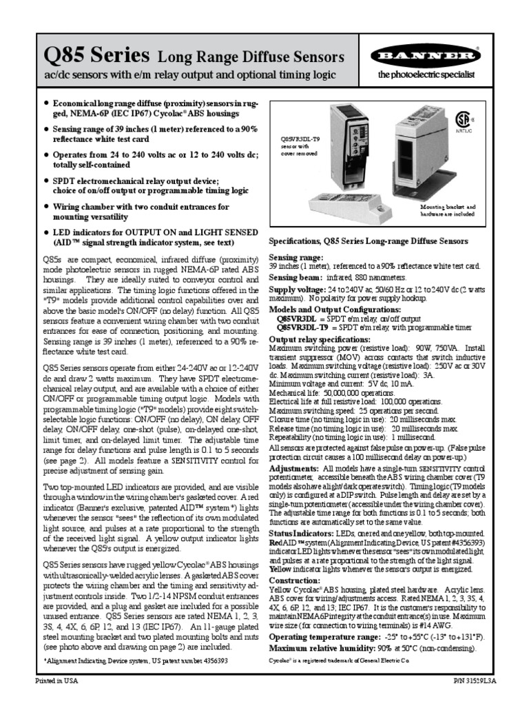Q85 Series: Long Range Diffuse Sensors | PDF | Relay | Switch