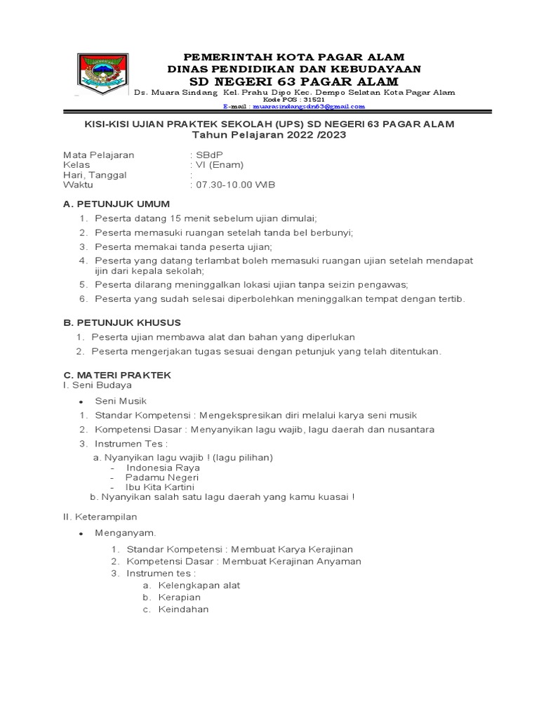 Kisi - Kisi Ujian Praktek SBDP 2023 | PDF