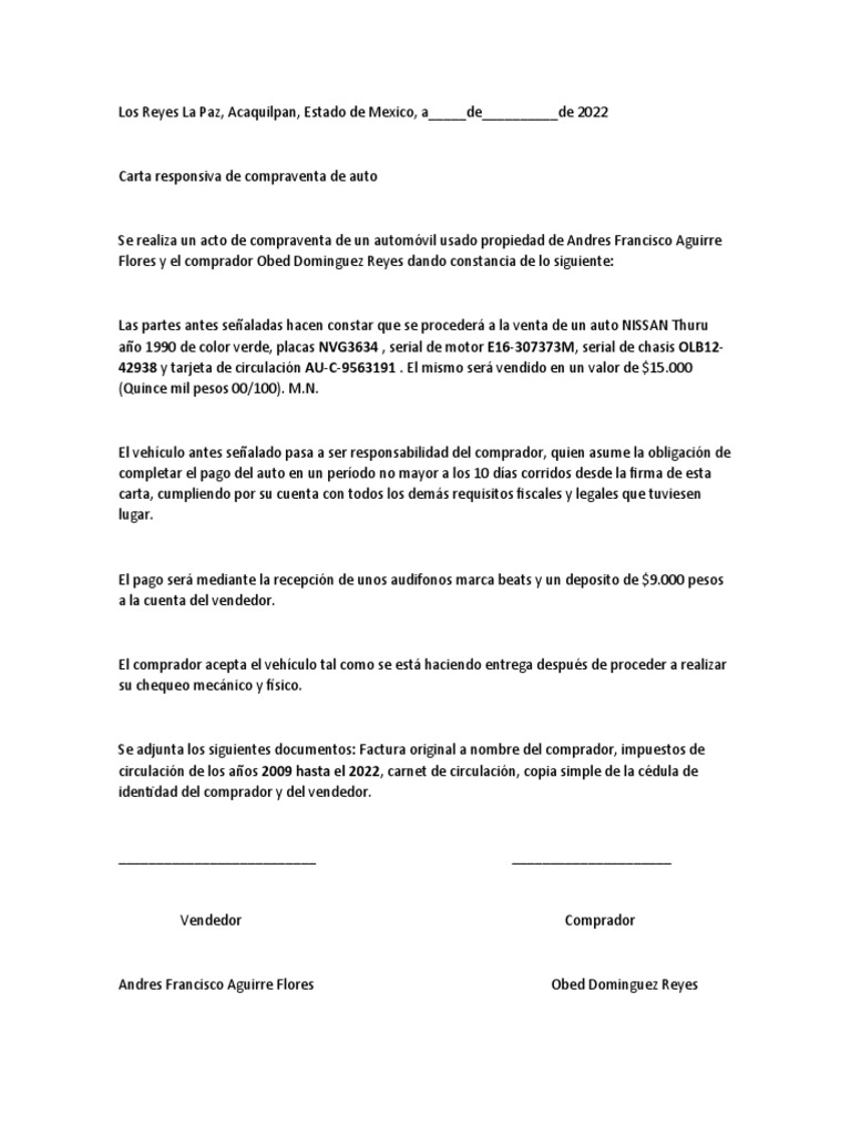 Ejemplo de Carta Responsiva de Auto | PDF