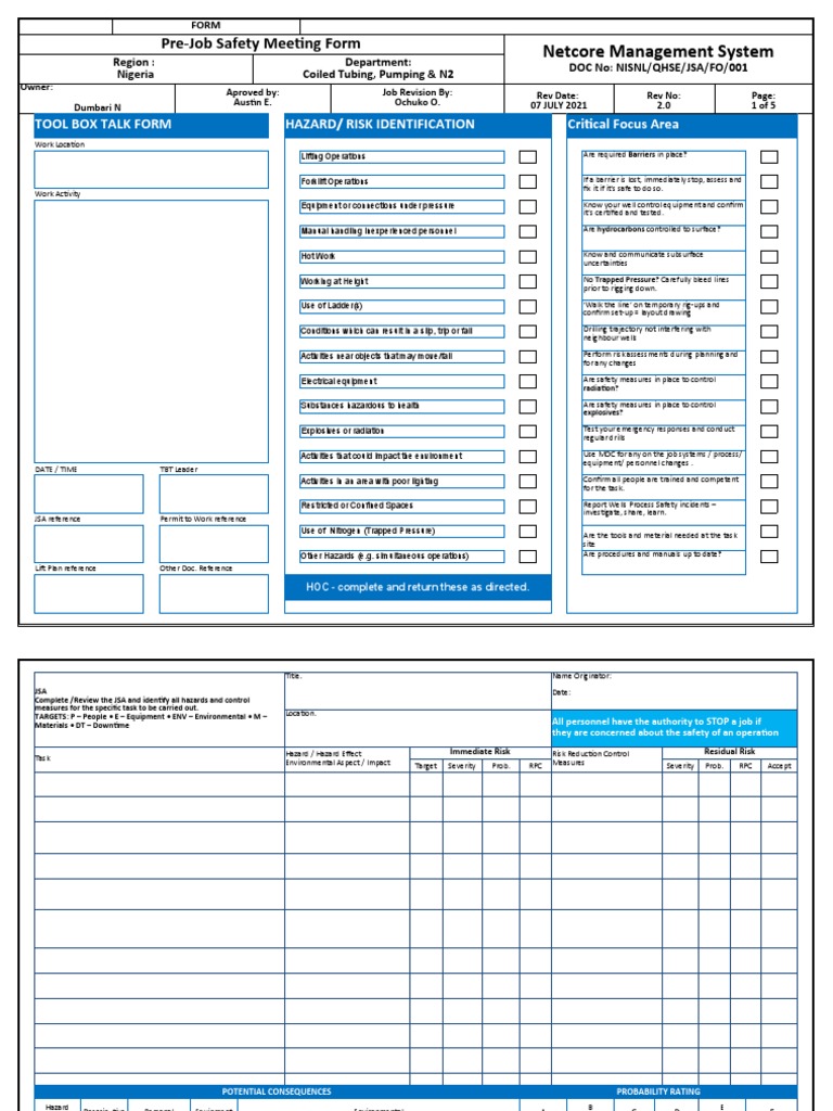 Pre-Job Safety Meeting Form: Netcore Management System | PDF | Hazards ...