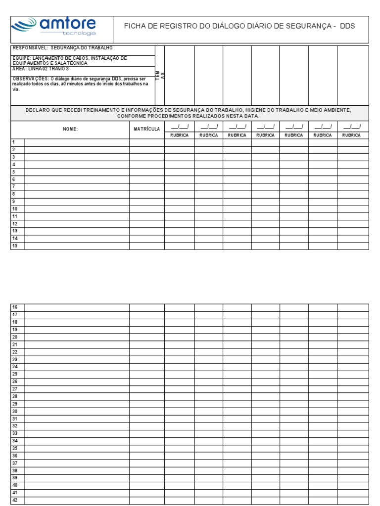 Ficha de Registro Do Diálogo Diário de Segurança - DDS - MODELO | PDF