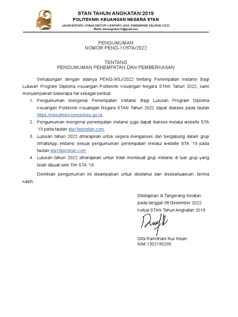 Pengumuman Penempatan Lulusan STAN 2022 | PDF