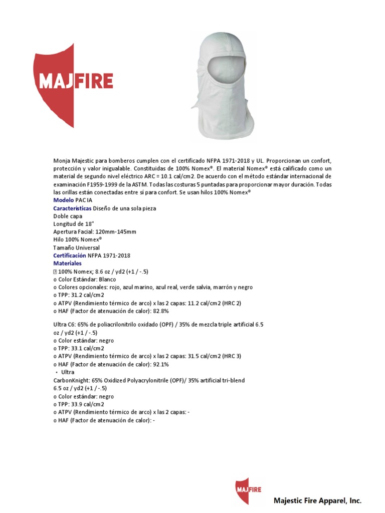Monja Majestic para Bomberos NFPA 1971 | PDF