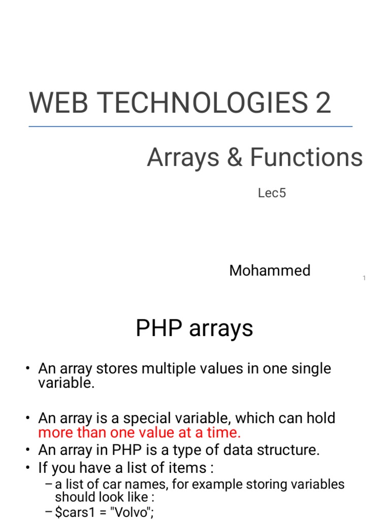 Web Technologies 2 Arrays And Functions Pdf Parameter Computer Programming Php