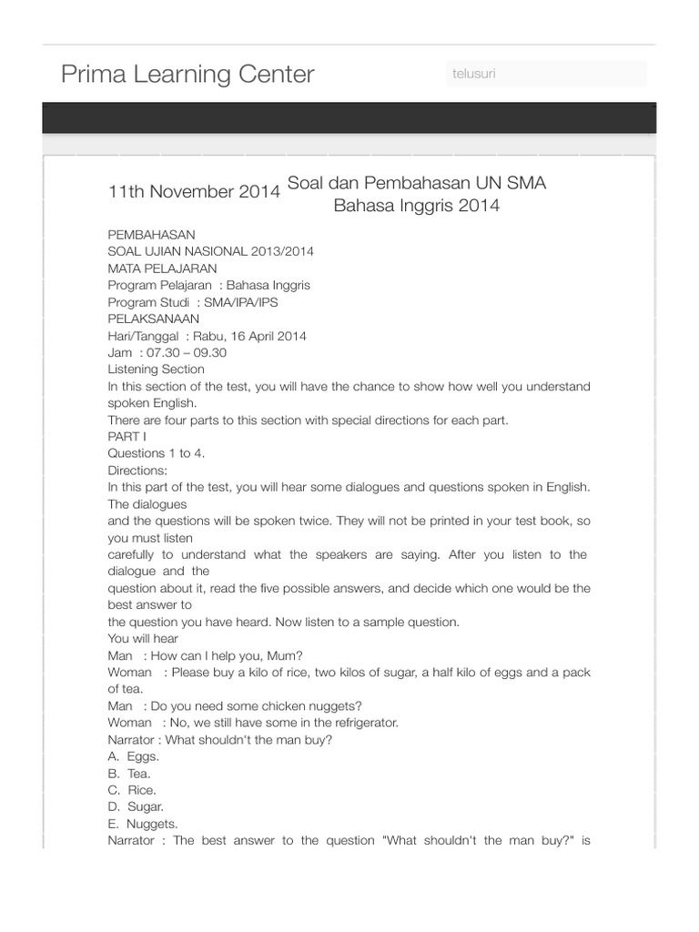 Prima Learning Center - Soal Dan Pembahasan UN SMA Bahasa Inggris 2014 | PDF | To Kill A ...