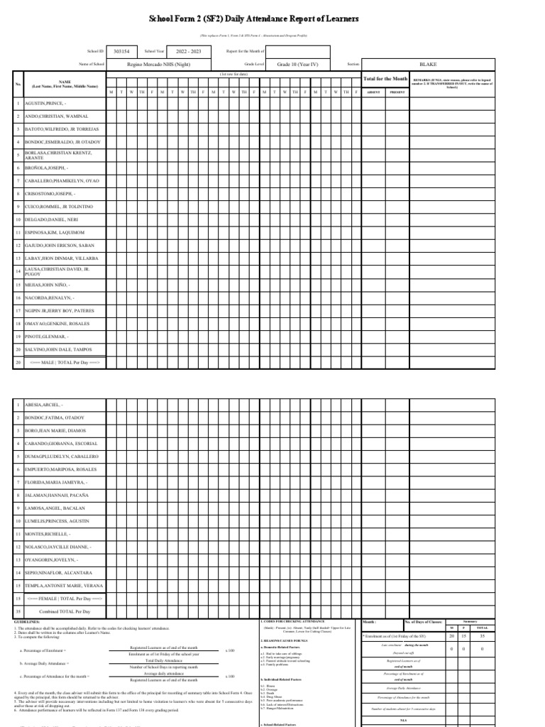 SF2 - 2022 - Grade 10 (Year IV) - BLAKE | PDF