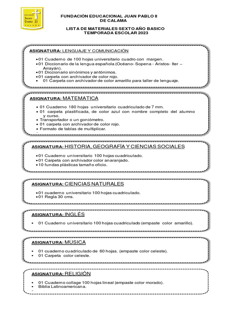 Lista Materiales 6 Basicos 2023 | PDF