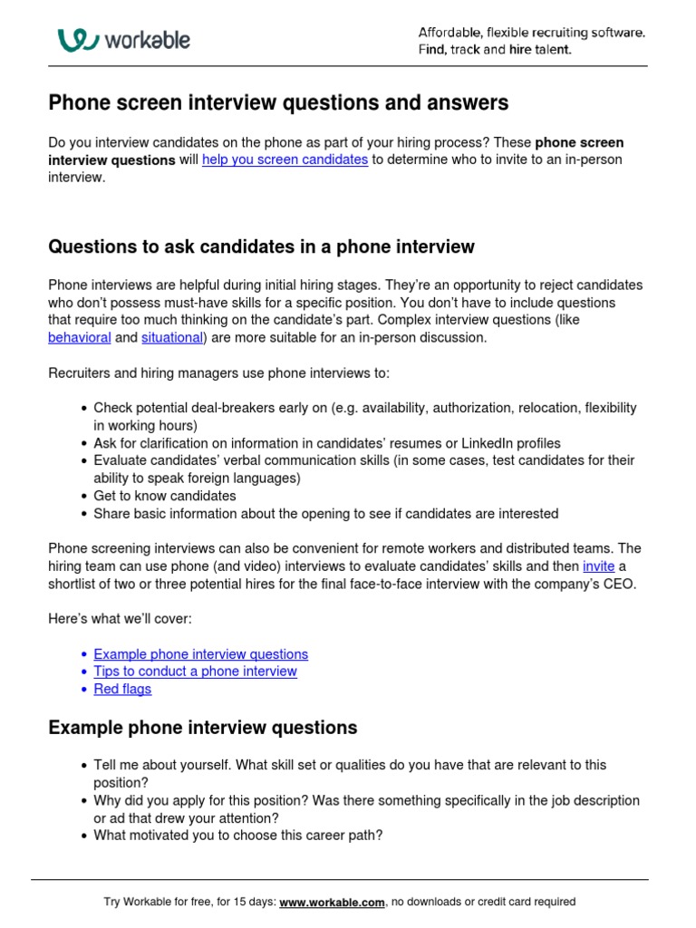 Phone Screen Interview Questions and Answers | PDF | Job Interview ...