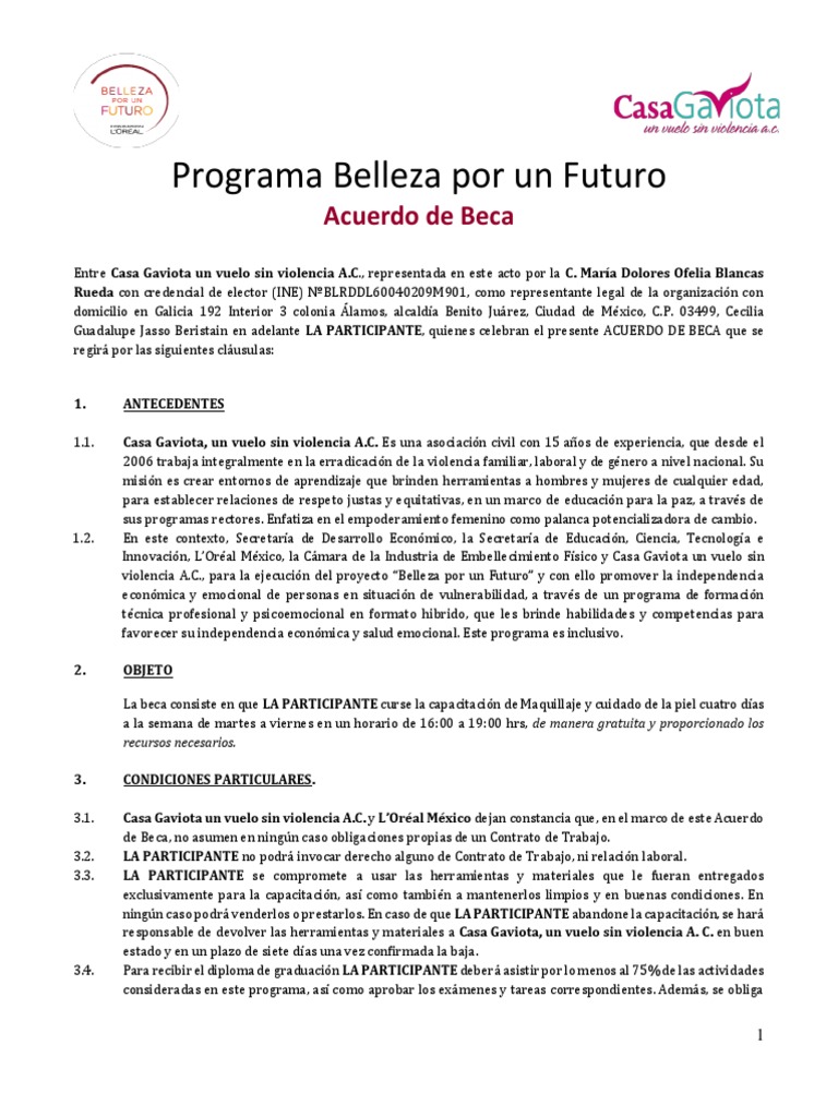 Programa Belleza Por Un Futuro: Acuerdo de Beca | PDF
