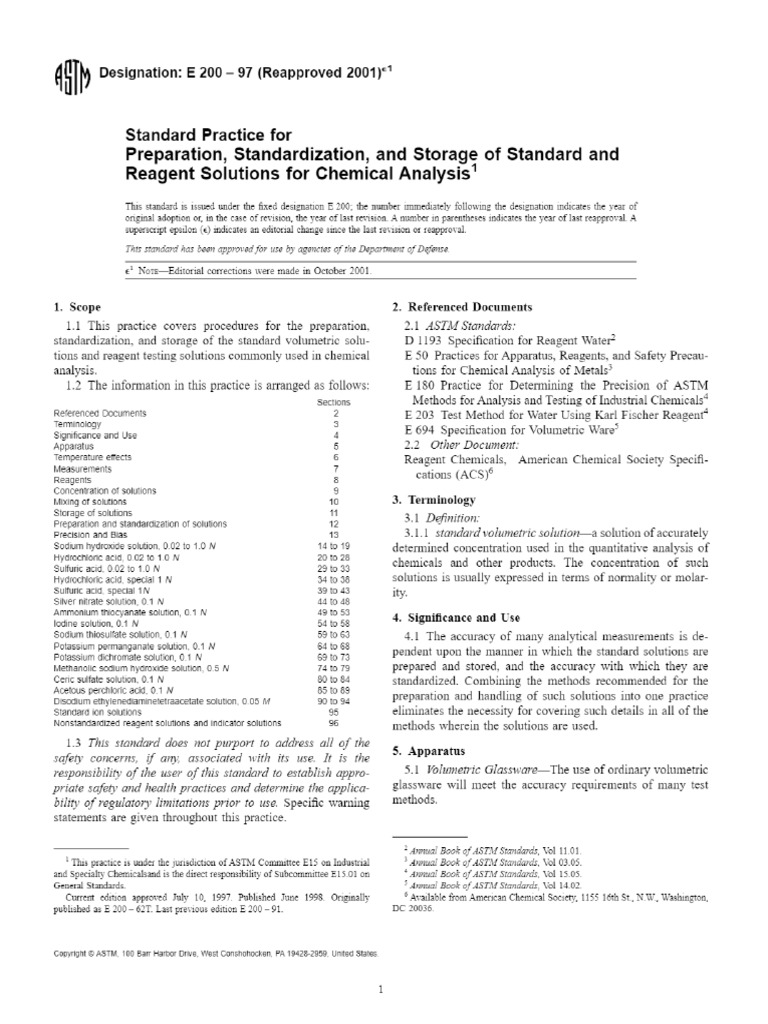 ASTM E 200-97 STANDARD PRACTICE FOR PREPARATION, STANDARIZATION, AND ...