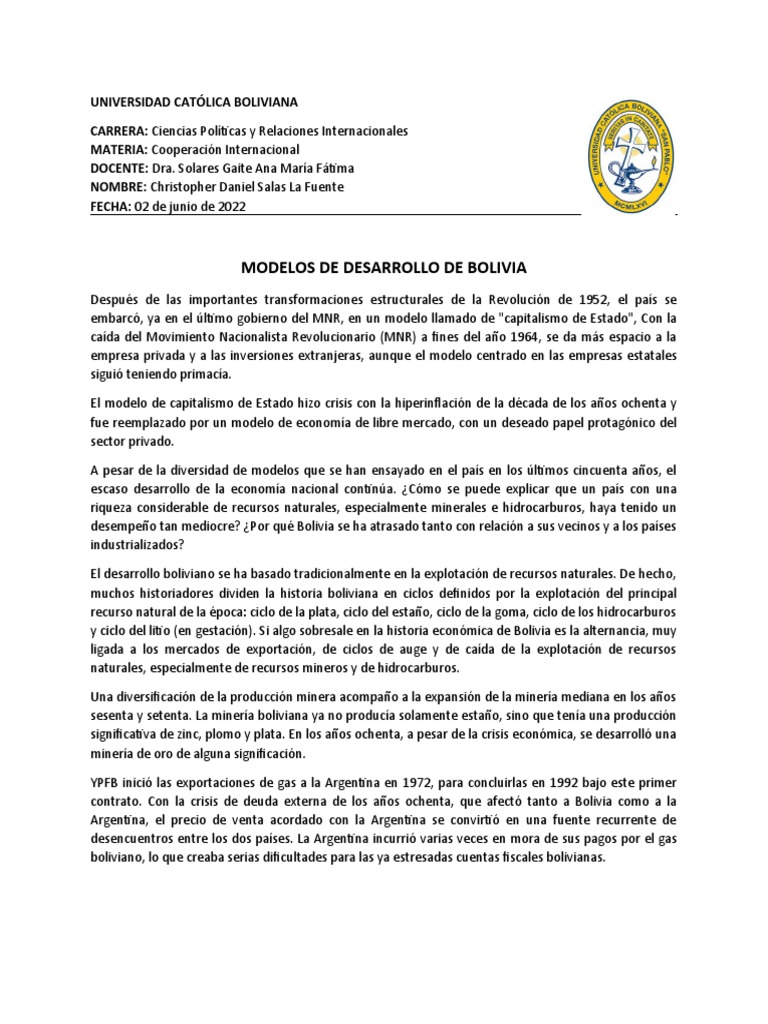 Modelos de Desarrollo de Bolivia - Christopher Salas | PDF | Bolivia ...