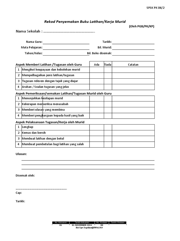 BORANG PK 06 2 Rekod Semakan Kerja Murid | PDF