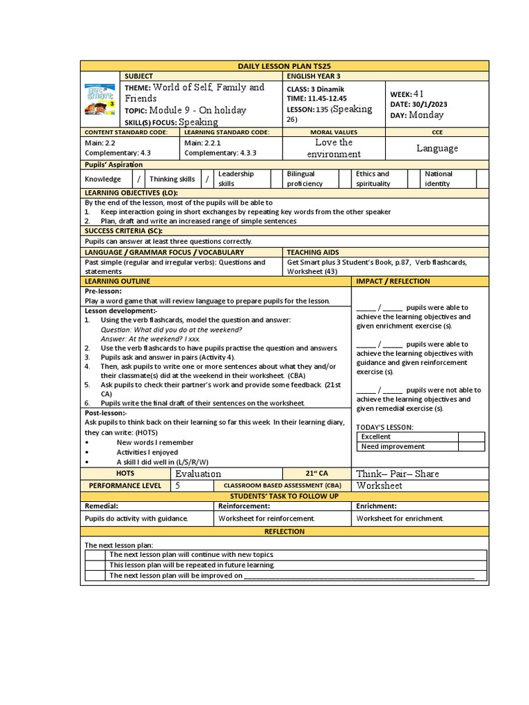 Year 3 English Lesson Plan: Speaking Skills | PDF | Question | Lesson Plan