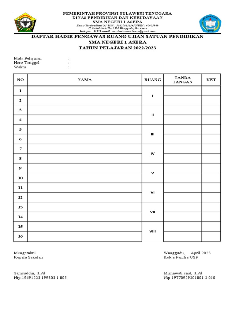 Daftar Hadir Pengawas Usp | PDF