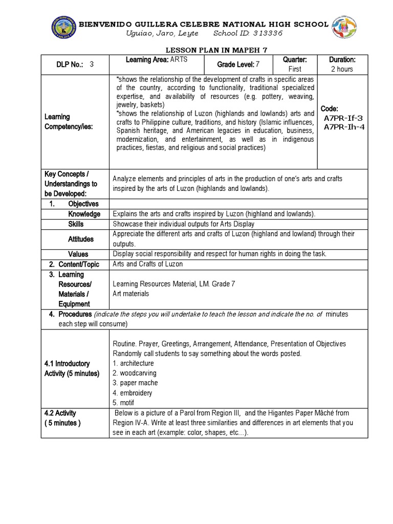 Arts7 Q1 DLP7 8 | PDF | Learning | Arts And Crafts Movement