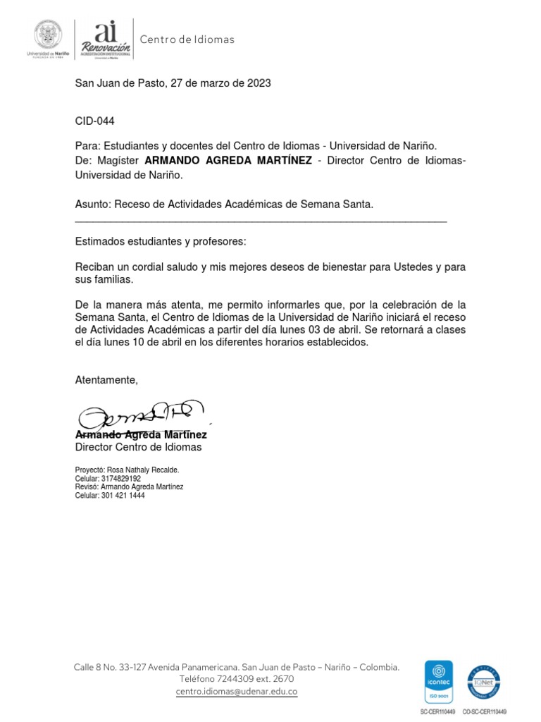 Oficio 044. Receso de Actividades Académicas | PDF
