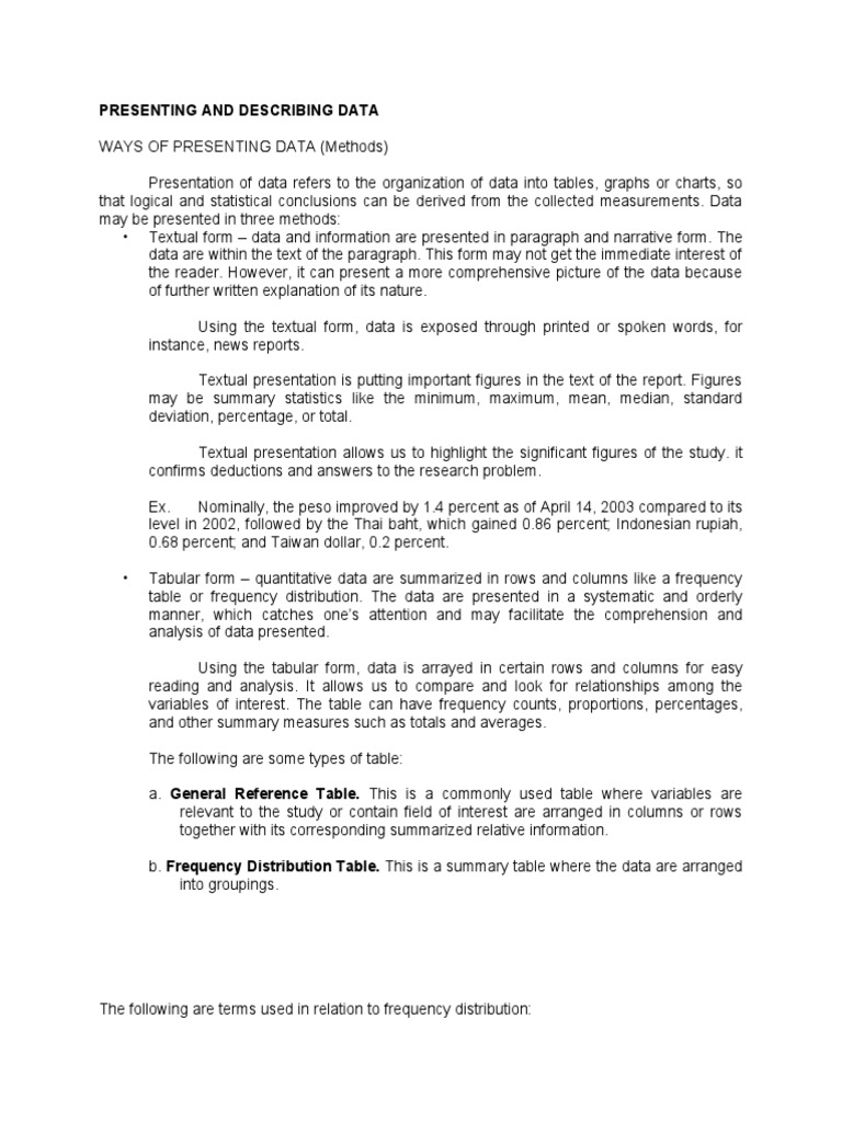 Presenting And Describing Data Pdf Chart Probability Distribution