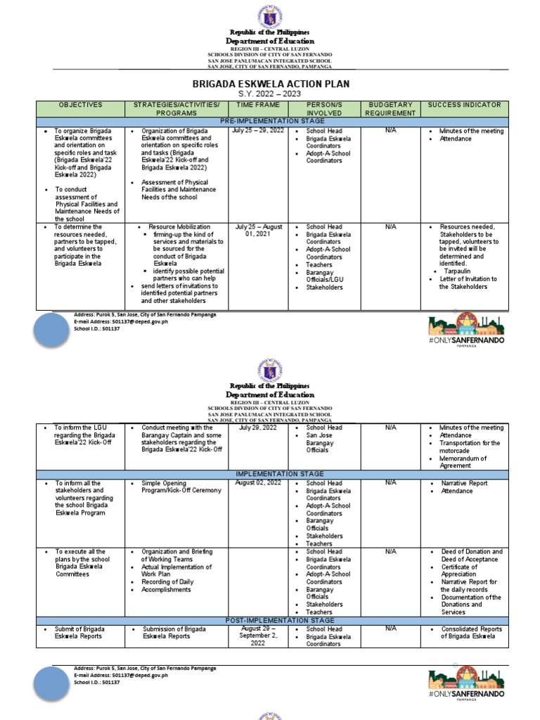 Brigada Eskwela Action Plan 2022-23 | PDF