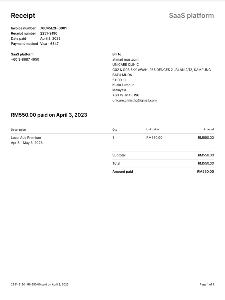 Monthly Payment Receipt for SaaS Local Ads Premium from April 3 to May 3, 2023 | PDF