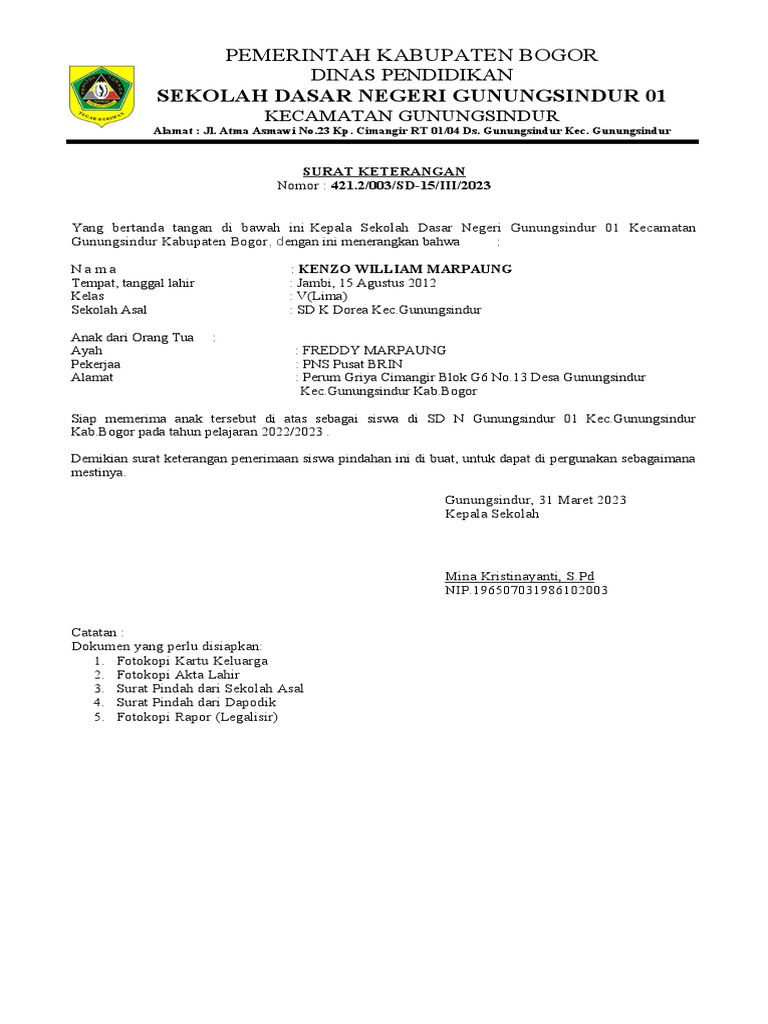 Surat Penerimaan Siswa | PDF