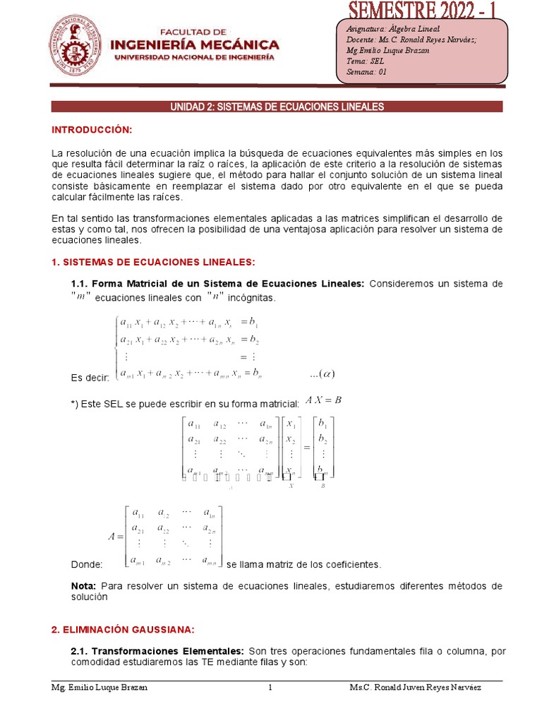 Guía 03 SEL Método de Gauss | PDF | Matriz (Matemáticas) | Ecuaciones